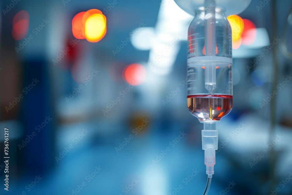 A focused image of an intravenous fluid bag with a blurred hospital ...