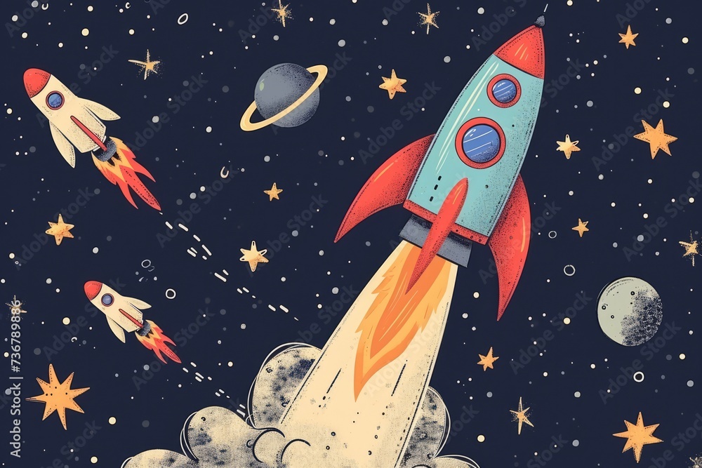 Cartoon cute doodles of a whimsical rocket ship launching into space ...