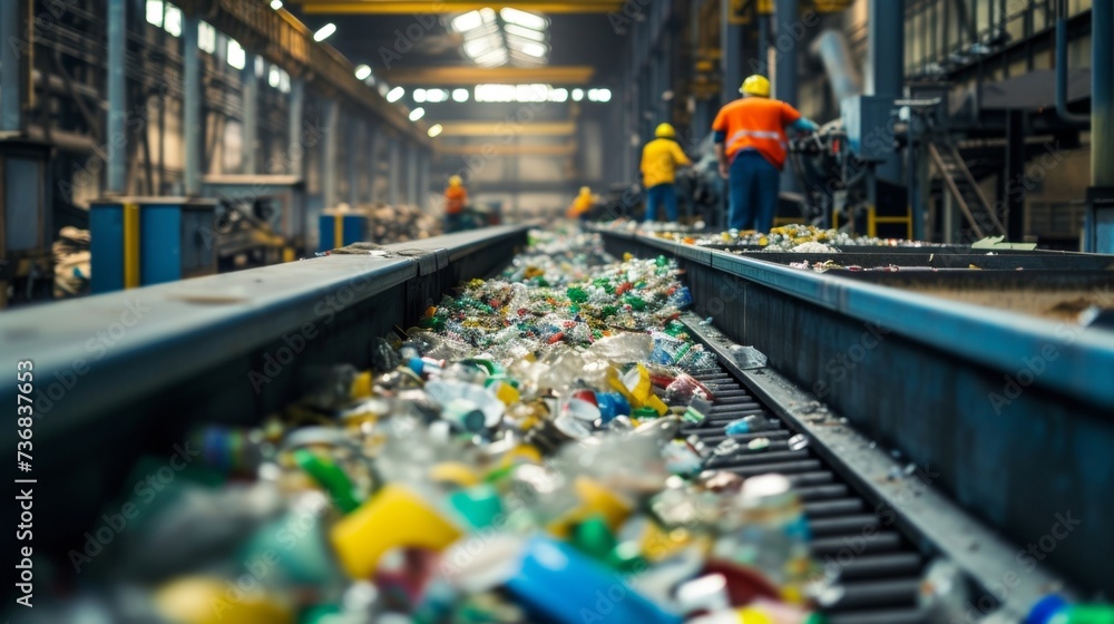 The first image shows a conveyor belt in a factory with workers sorting ...