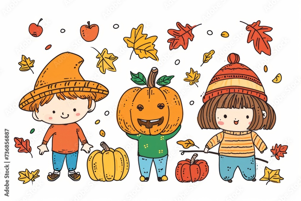 Cartoon cute doodles of a fall harvest festival, with characters ...