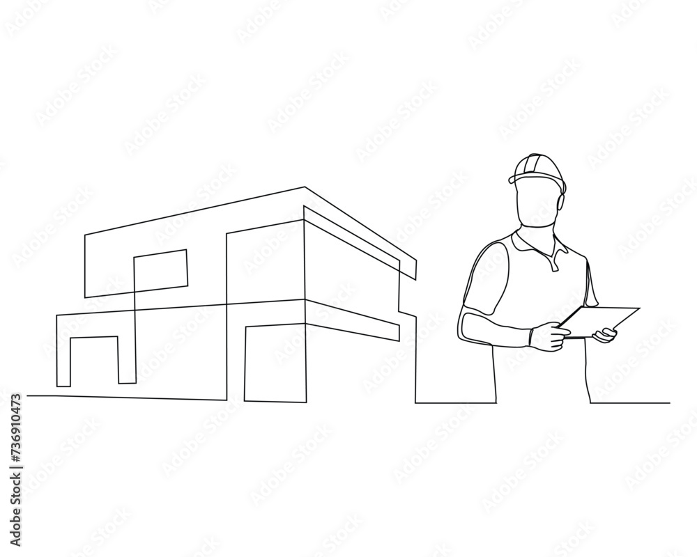 Continuous single line sketch drawing of construction worker with ...