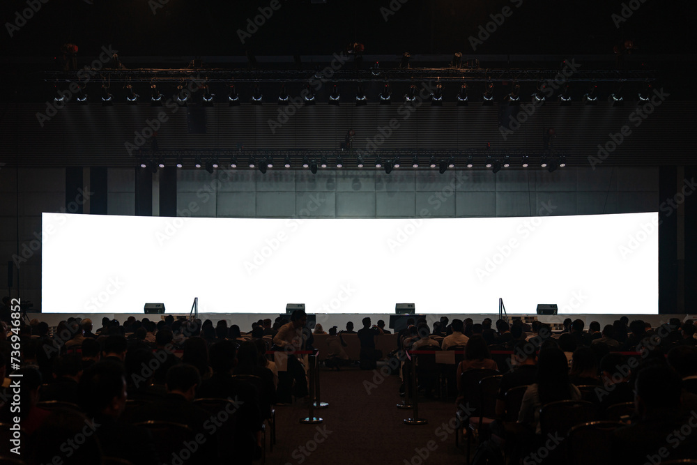 Front view of mockup on big blank white screen with space in empty huge ...