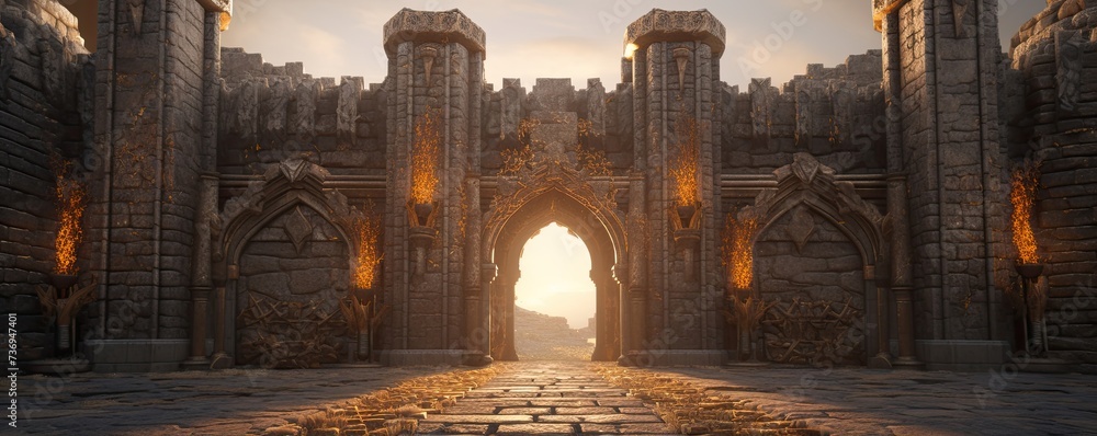 The formidable gate of a medieval fortress, fortified with heavy wooden ...