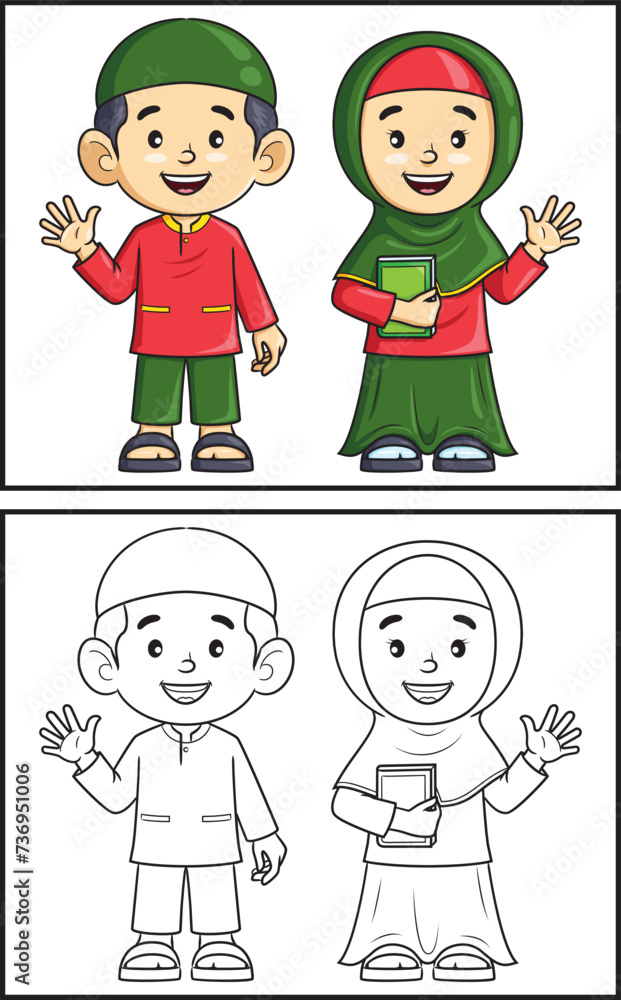 Coloring book cute boy and girl Muslim. Coloring page and colorful ...