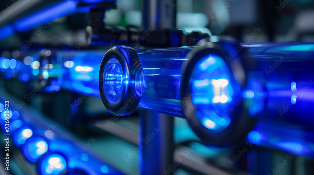 Illuminated Sight Glasses on Vibrant Blue Industrial Pipes in ...