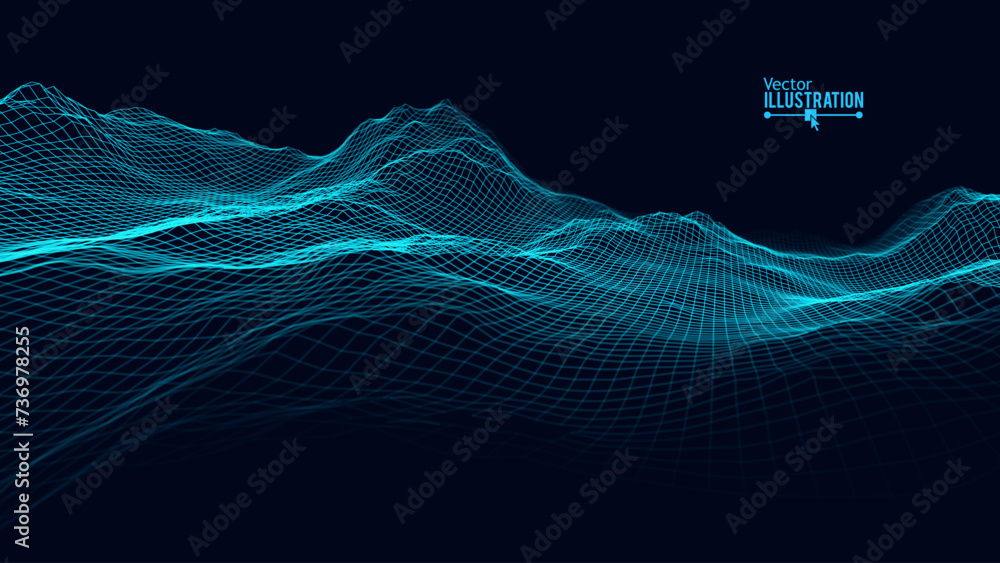 Blue Wireframe Landscape Wire with Depth of Field Effect. 3D ...