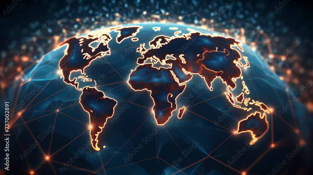 Polygonal mesh network map of the world with lines and points, points ...