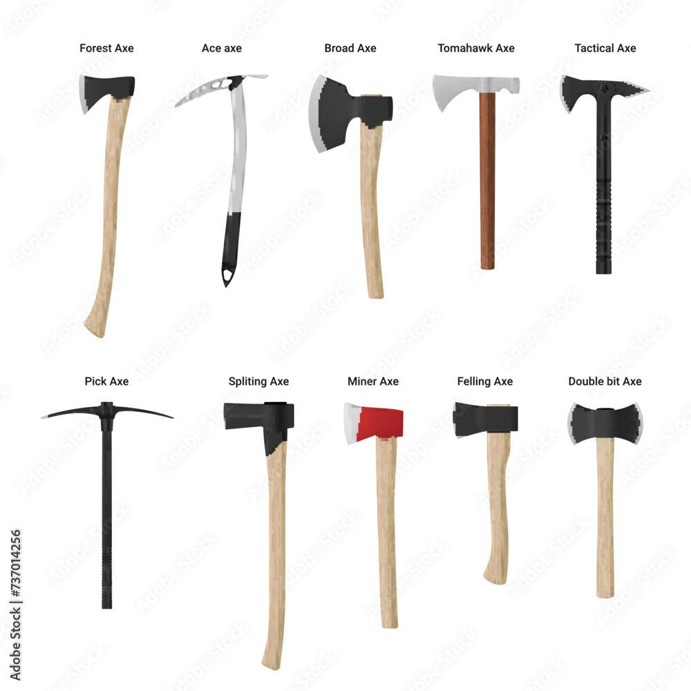 Axes different types with inscription metallic industrial weapon wooden ...