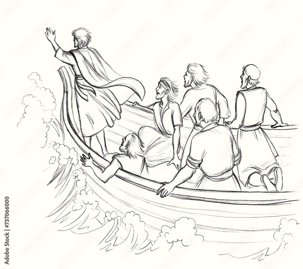 Jesus calms the storm. Pencil drawing Stock Illustration | Adobe Stock