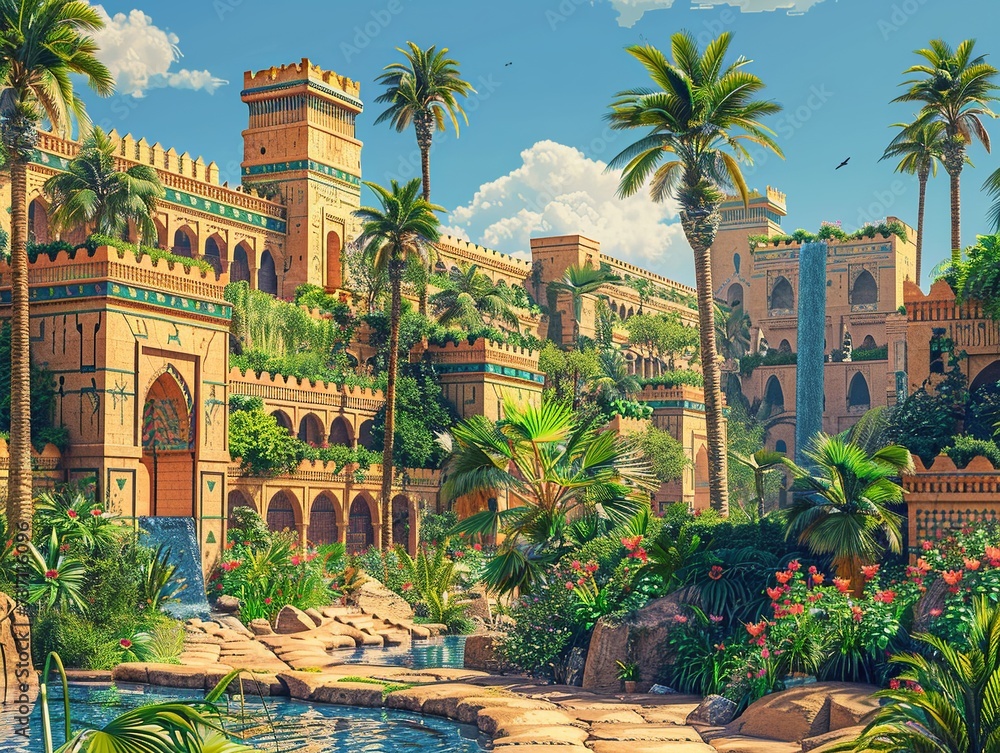 Hanging Gardens of Babylon Oasis Stock Illustration | Adobe Stock