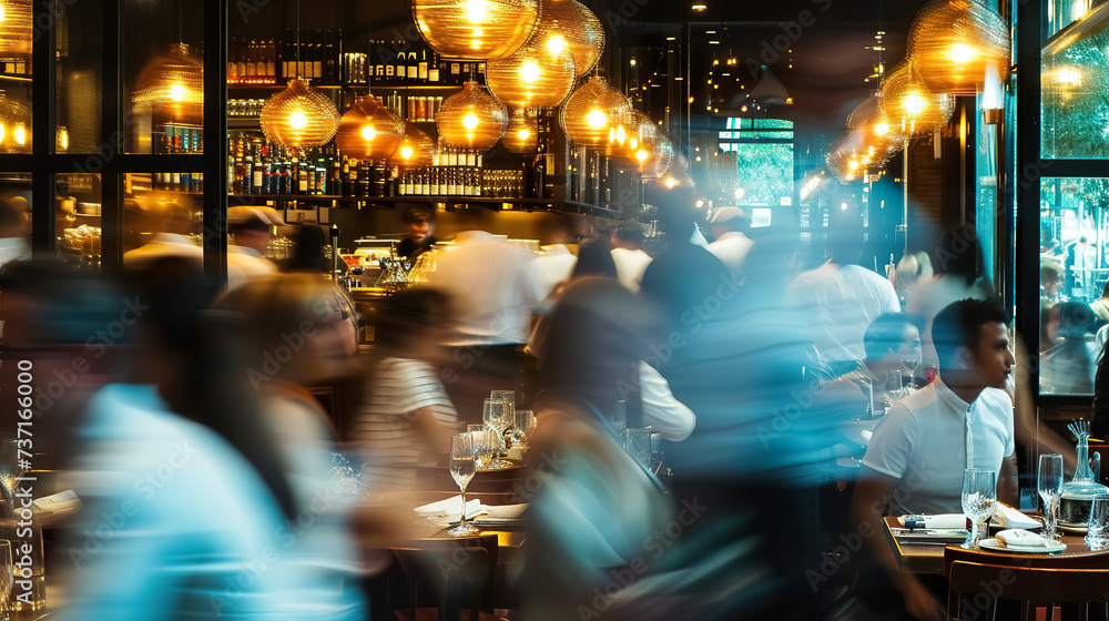 Foto crowded restaurant with people dining and waiters, bartender and ...