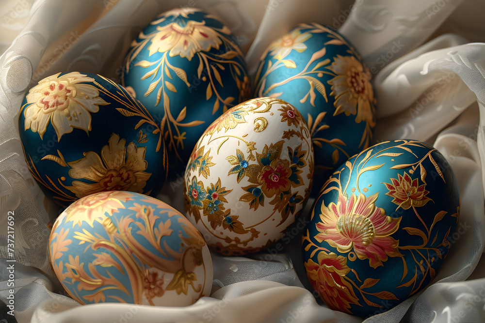 Elegant Hand-Painted Easter Eggs Amidst Soft Folds of Silk: A Display ...