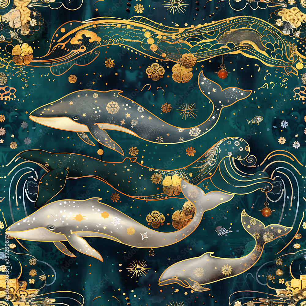 Cloisonne repeating pattern scene underwater with whales Stock ...