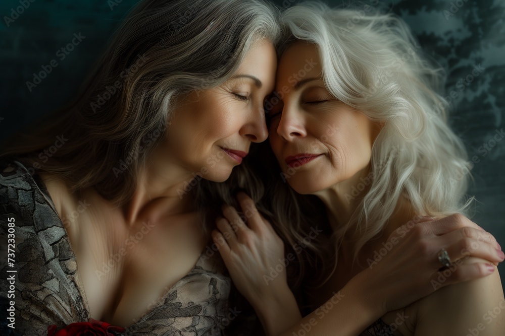 Beautiful Sensual Portrait Of Two Mature Lesbian Women With Long Grey