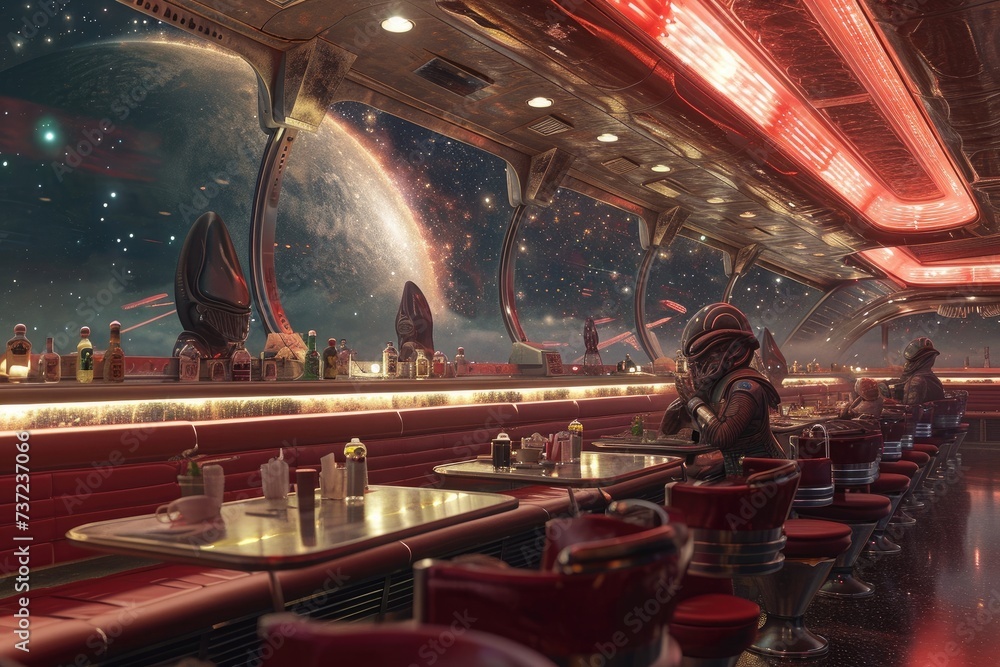 A busy restaurant with bright red chairs and a prominent large screen ...