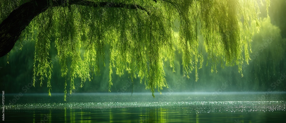 peaceful green nature landscape, view from under willow tree shade at ...