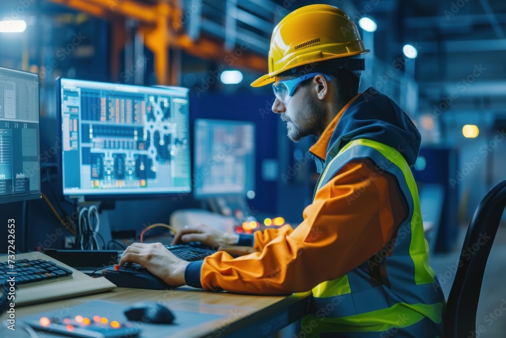 Engineers are debugging equipment at the project site in the industrial ...
