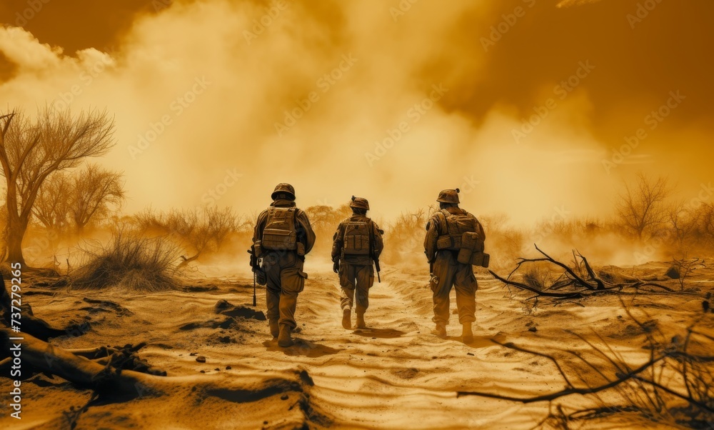 Battle scene. Military silhouettes fighting scene on war fog sky ...