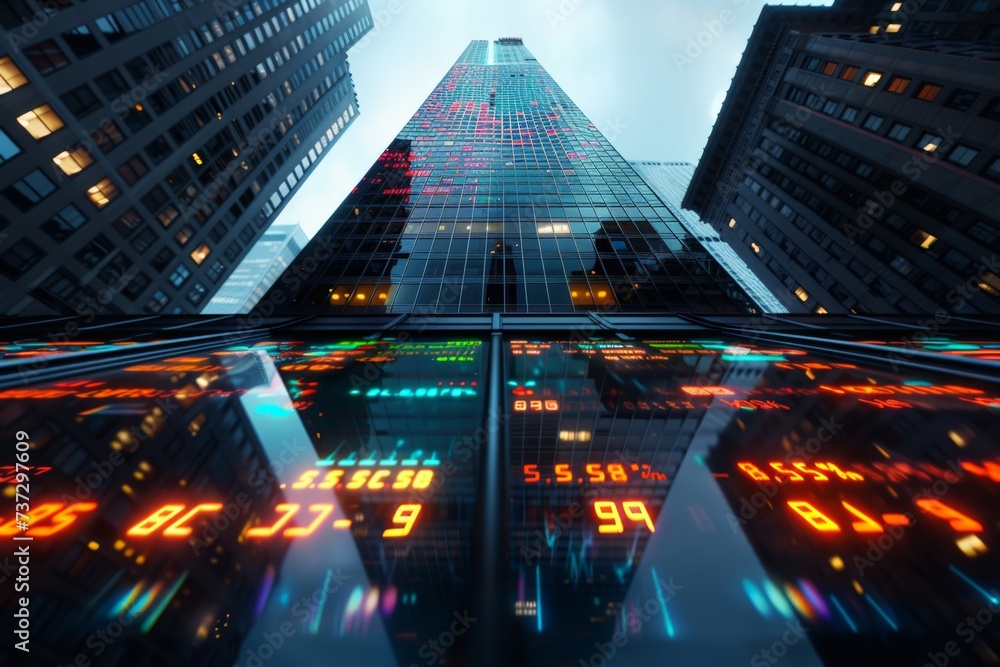 NY financial center skyscraper with hologram analysis, charts and ...