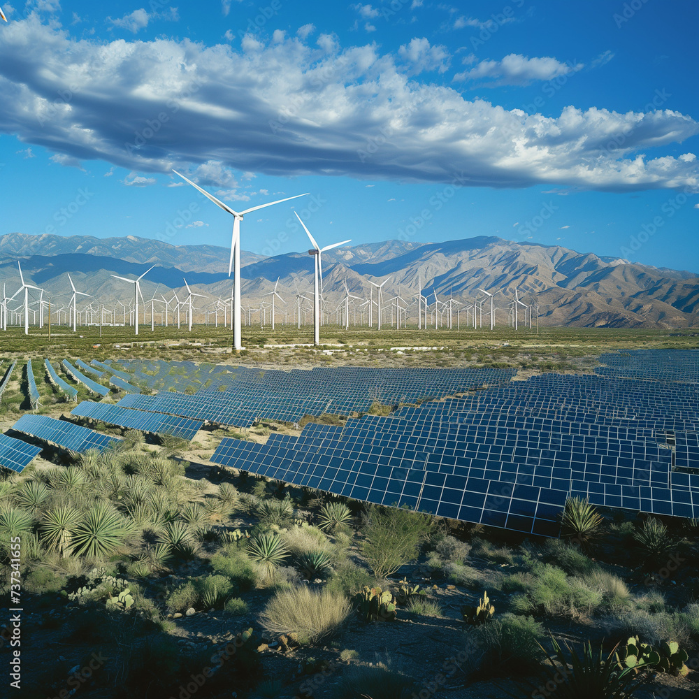 Solar and Wind Farm In Desert. Solar panels lined on the ground with ...