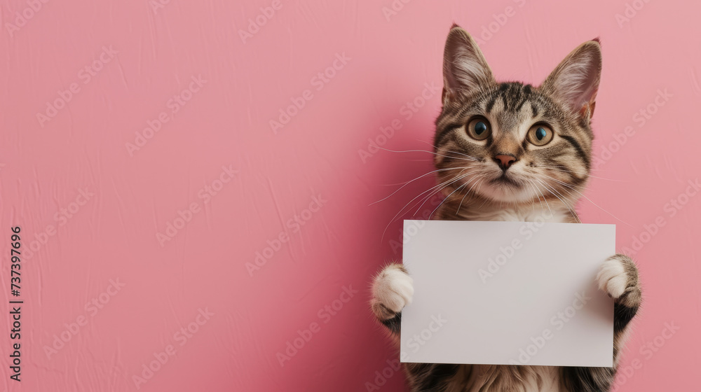 Tabby cat holds a blank white sign mock-up on pink background with copy ...