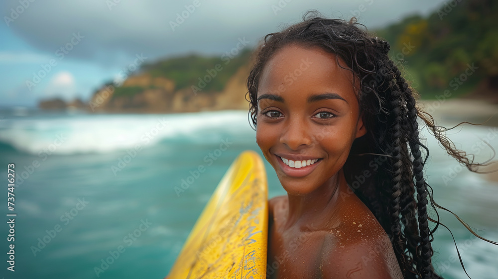 Confident African girl surfer holding her surfboard and walking into ...