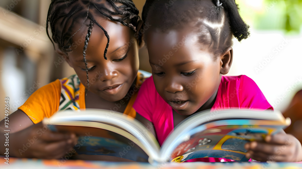 two african american kids reading a book. Sisters reading together. Two ...