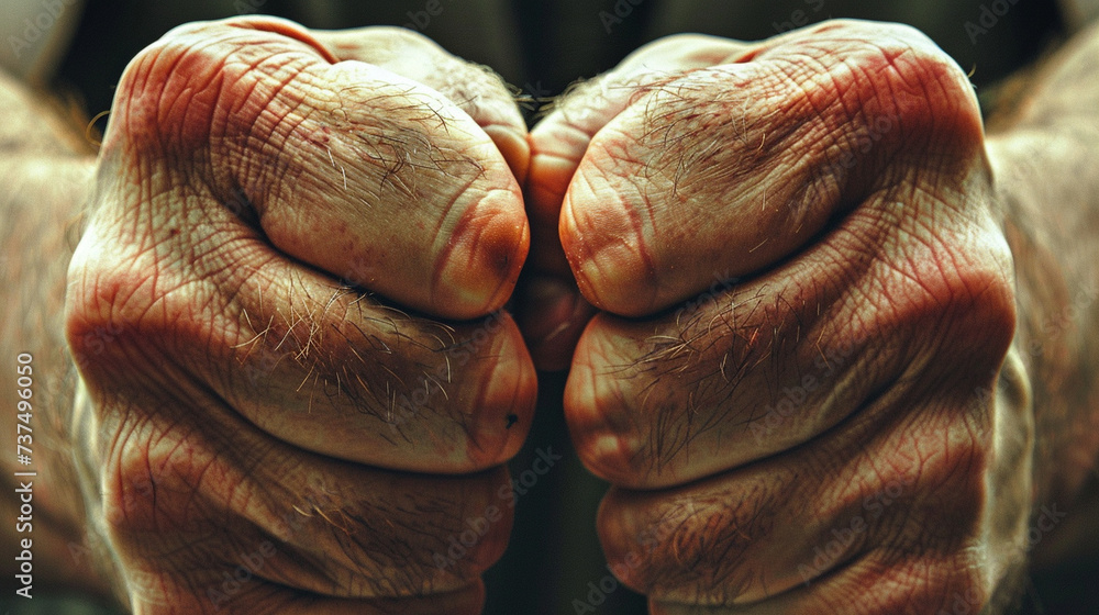 Anger: A close-up of a person's clenched fists, knuckles white with ...