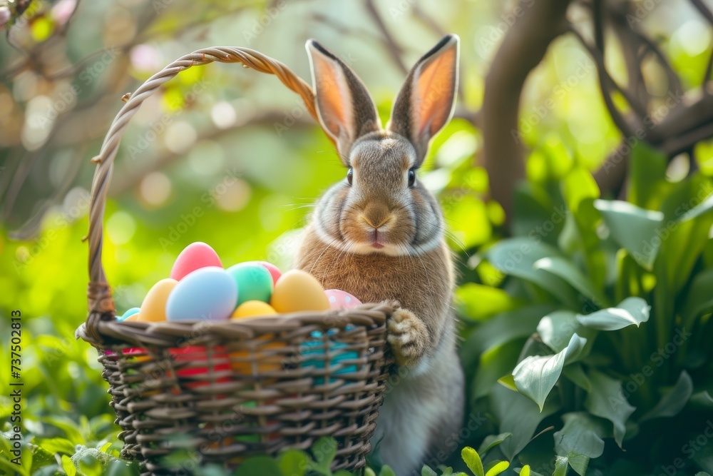 Happy Easter Eggs Basket periwinkle. Bunny in flower easter Herbs ...