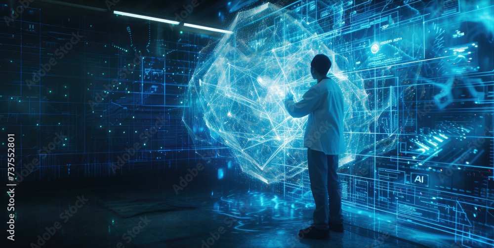 Engineer works with 3d model of artificial intelligence in dark lab ...