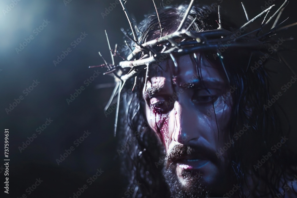 Emotional portrayal of Jesus Christ with a crown of thorns, conveying ...