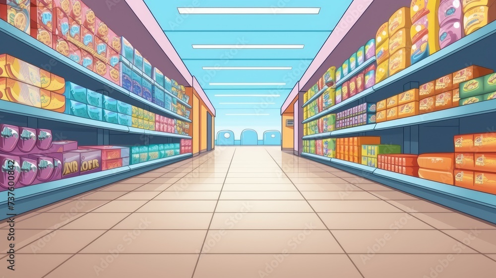 cartoon illustration Perspective view of supermarket aisle. Stock ...