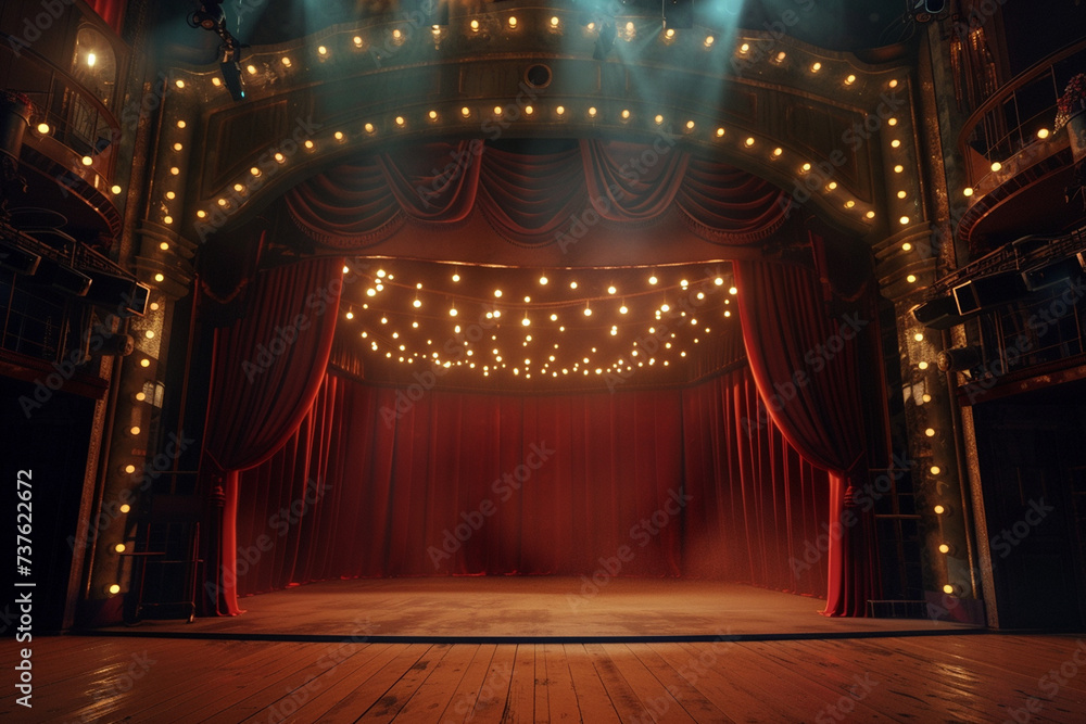 Theater stage with red curtains and spotlights. Theatrical scene in the ...