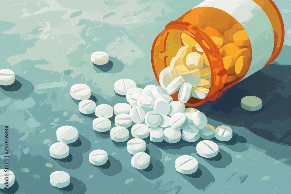 Prescription pills spill out of their container and scatter across the ...