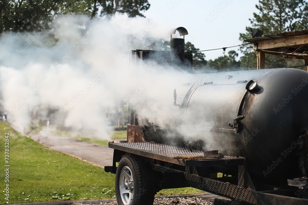 Large barbecue smoker grill at the park. Unleashing Flavors Amidst the ...