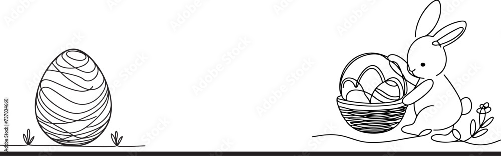 Hand drawn black line art rabbit easter egg doodle coloring linear ...
