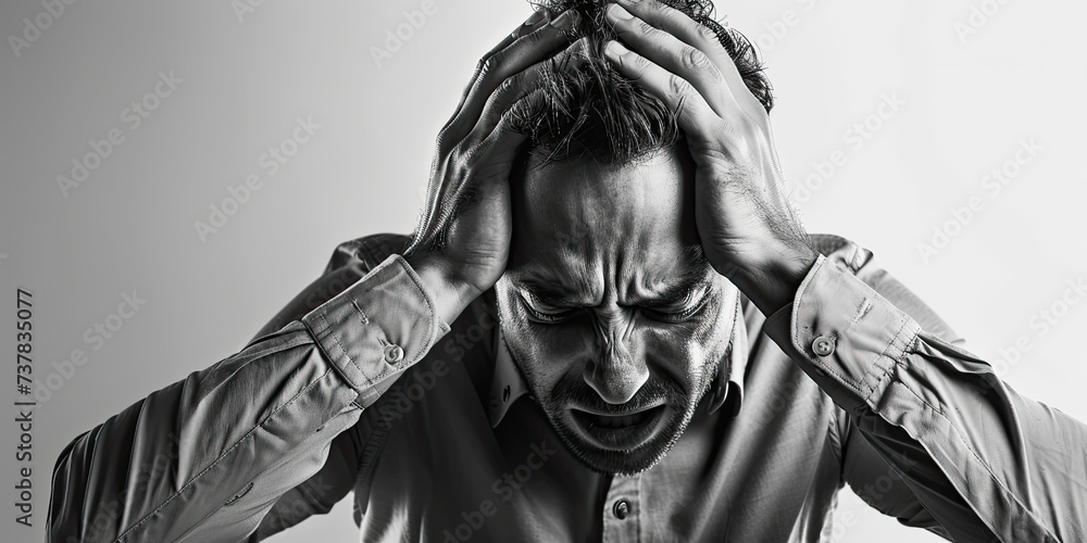 Stress, person stressful face, upset scared looking anxious with ...