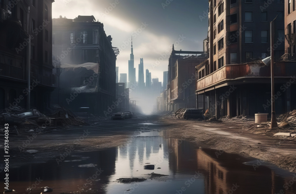 Big urban post-apocalyptic city showing the effect of Climate Change ...