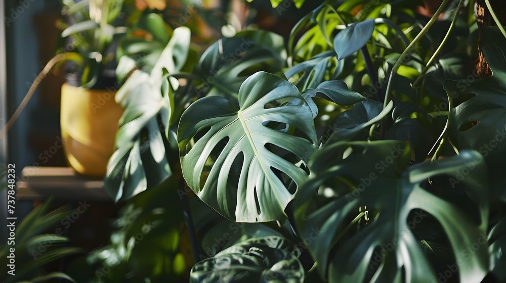 Monstera with leaves in flowerpot, climbing plant. Monstera deliciosa ...