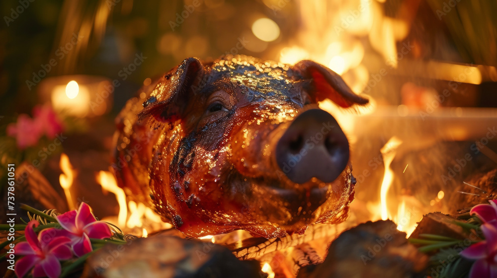 Stock-Foto „Amidst the warm glow of a roaring fire a gorgeously glazed ...