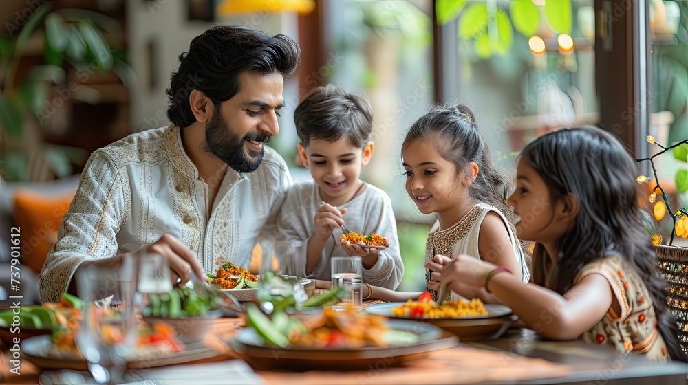 Indian family eating food at dining table at home or in restaurant ...
