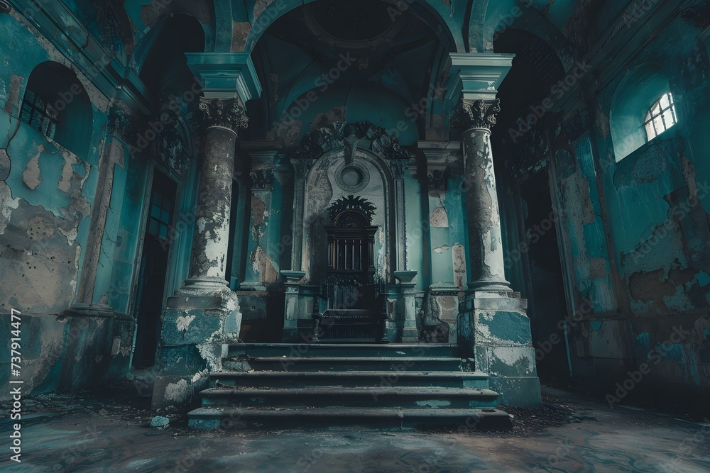 The Majestic Throne: A Regal Monarch Amidst a Dilapidated Chamber ...