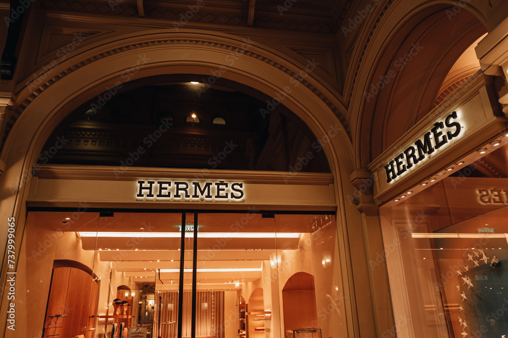 Classy facade interior of a famous Hermes store in a shopping mall ...