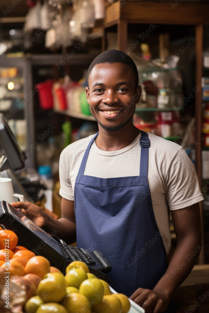 n African shopkeeper radiates warmth as she hands an EFTPOS machine ...
