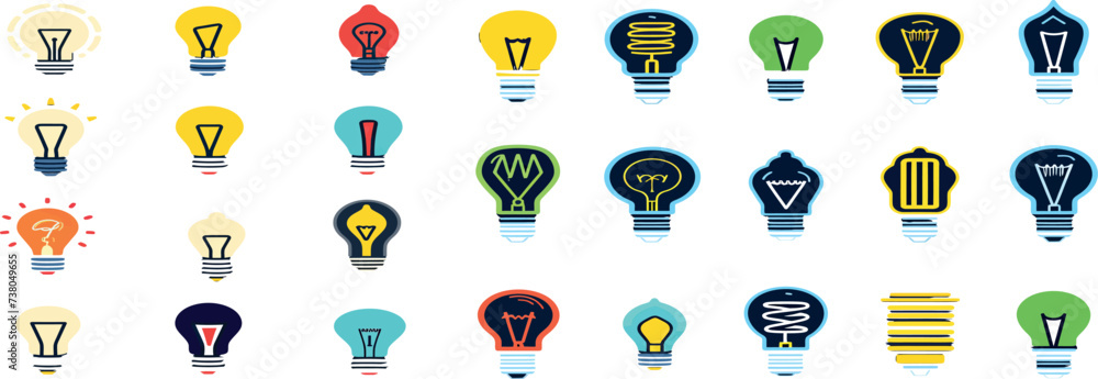 Light bulbs flat line icons. Led lamps types, fluorescent, filament ...