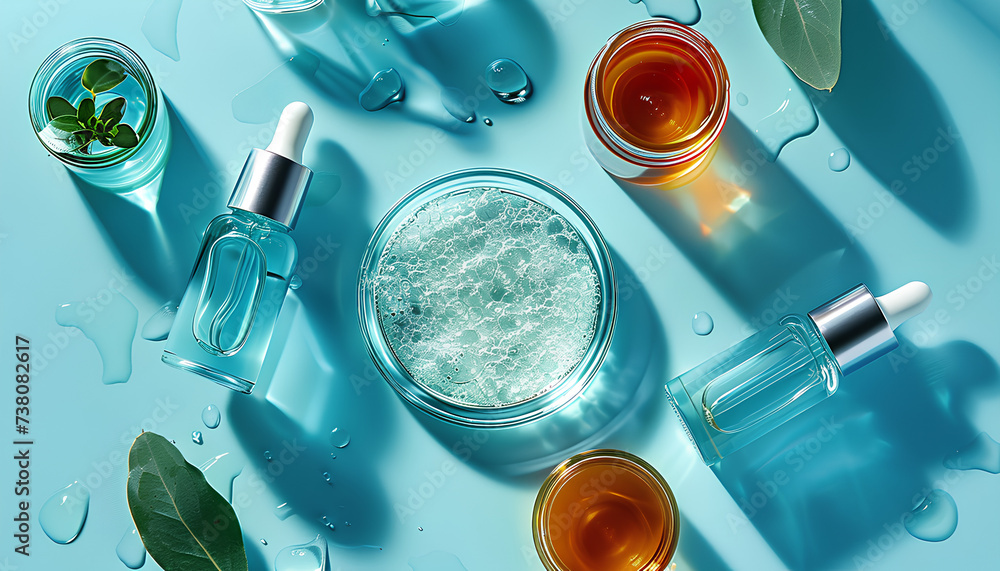 Cosmetic laboratory concept . Glass petri dish with cosmetic products ...