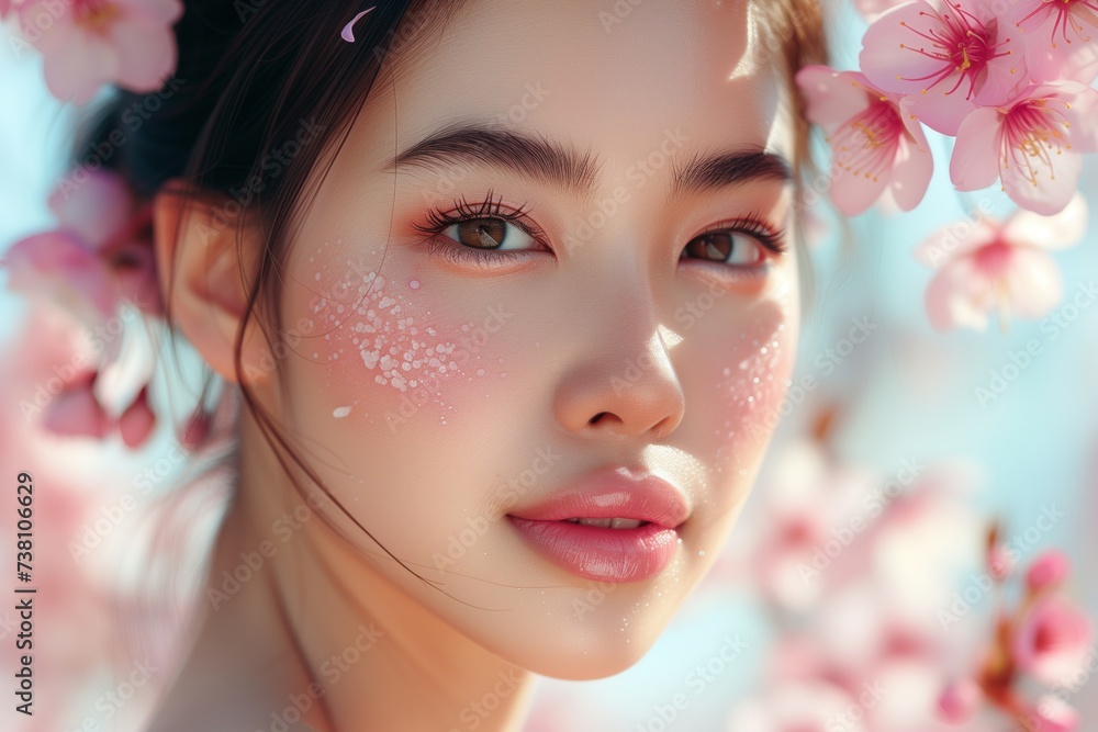 Skincare model in cherry blossom fields. Closeup photo of a japanese ...