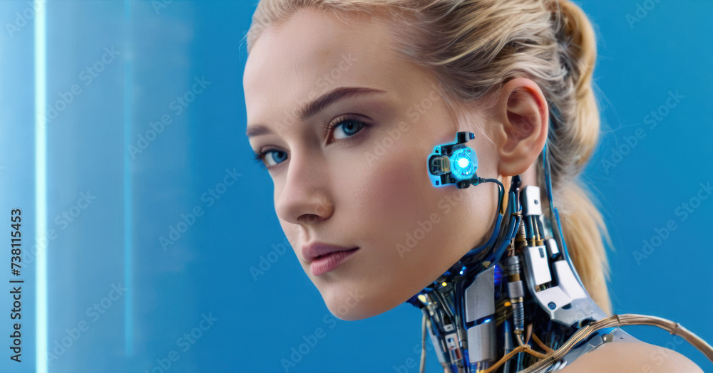 Abstract Cyborg girl on the blue background. Girl robot Android, Chat ...