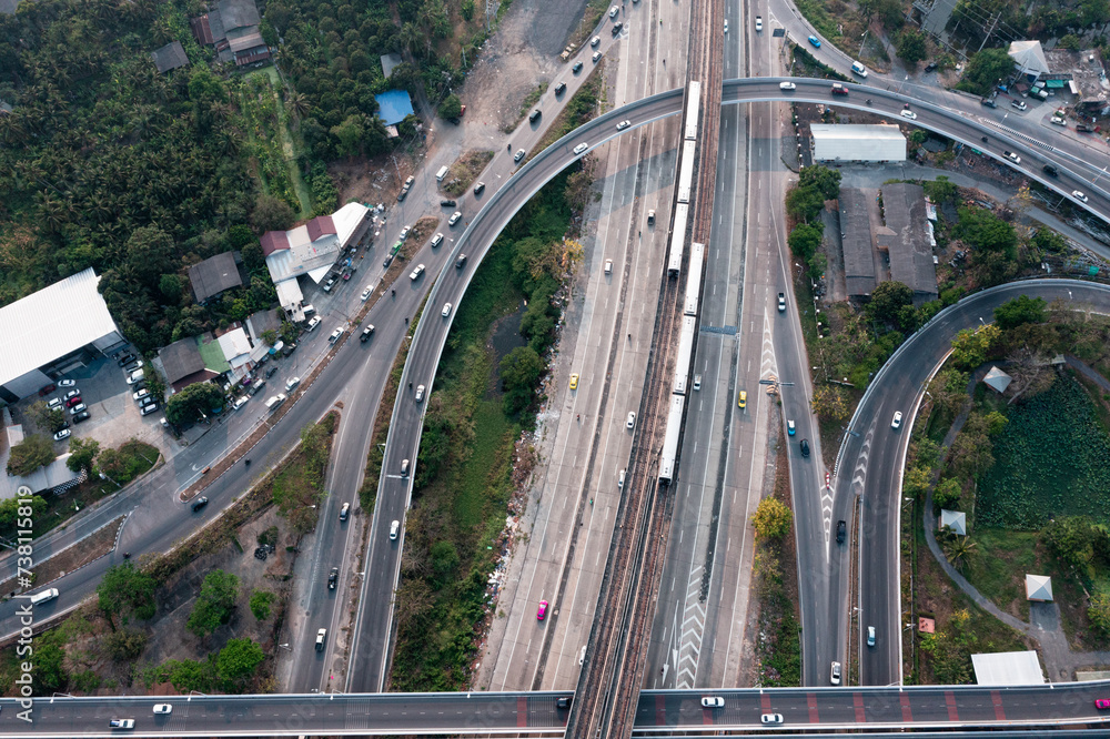 Aerial top view, of expressway road traffic an important infrastructure ...