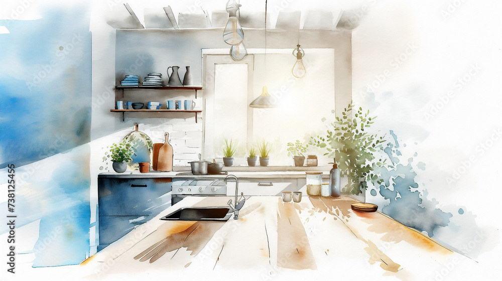 Watercolor painted modern kitchen interior illustration on white ...
